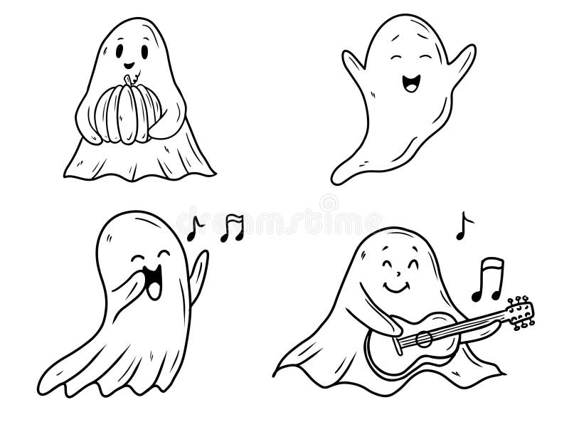 Vector Set of Cute Hand Drawn Ghost with Bow, Singing, Playing Guitar ...