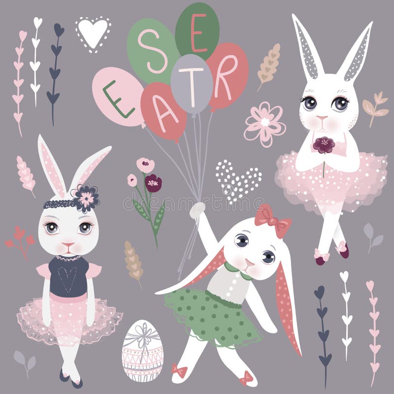 Vector Set of Cute Happy Easter Cartoon Characters and Design El Stock ...