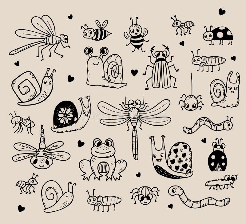 Vector Set of Cute Insect Doodles. Linear Hand Drawing. Funny ...