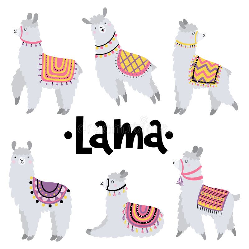 Vector set with cute lamas stock illustration. Illustration of adorable ...