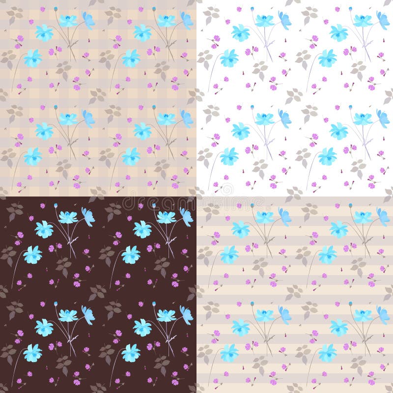 Vector Set of Cute Seamless Patterns with Primrose and Cosmos Flowers ...