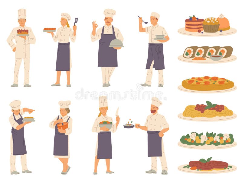 Vector Set of Delicious Dishes and Tiny Professional Chefs Preparing ...
