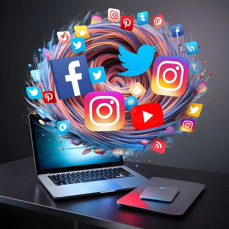 Hand Pressing Modern Laptop with Mobile App Icons and Symbols. Stock ...