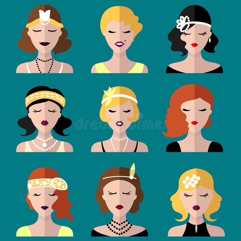Vector Set of Different Flapper Girls Icons in Modern Flat Style. Stock ...