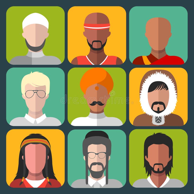 Vector Set of Different Nationality Man Icons in Trendy Flat Style ...