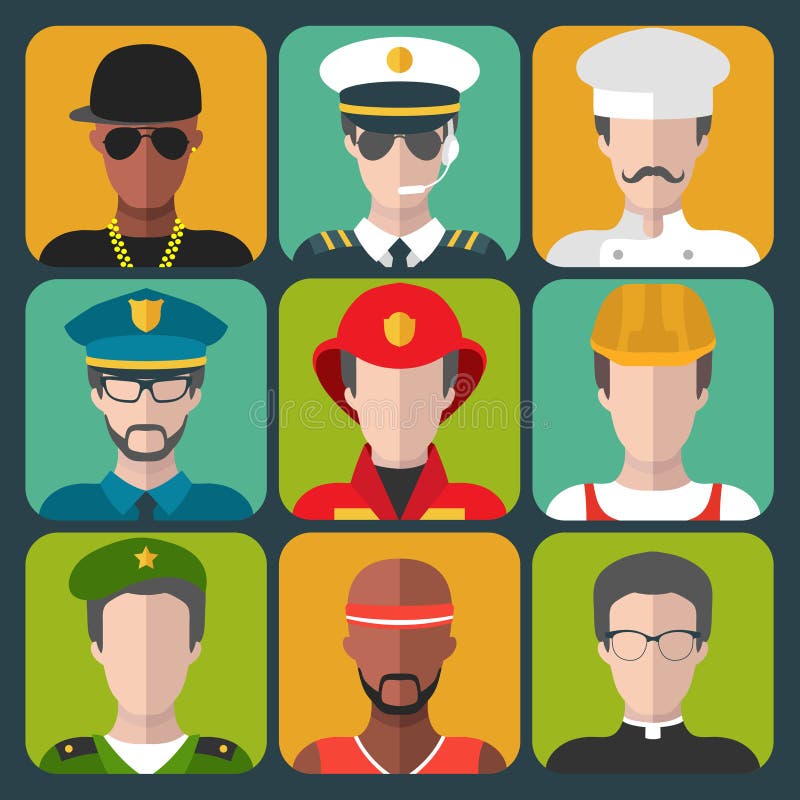 Vector Set of Different Professions Man Icons in Trendy Flat Style ...