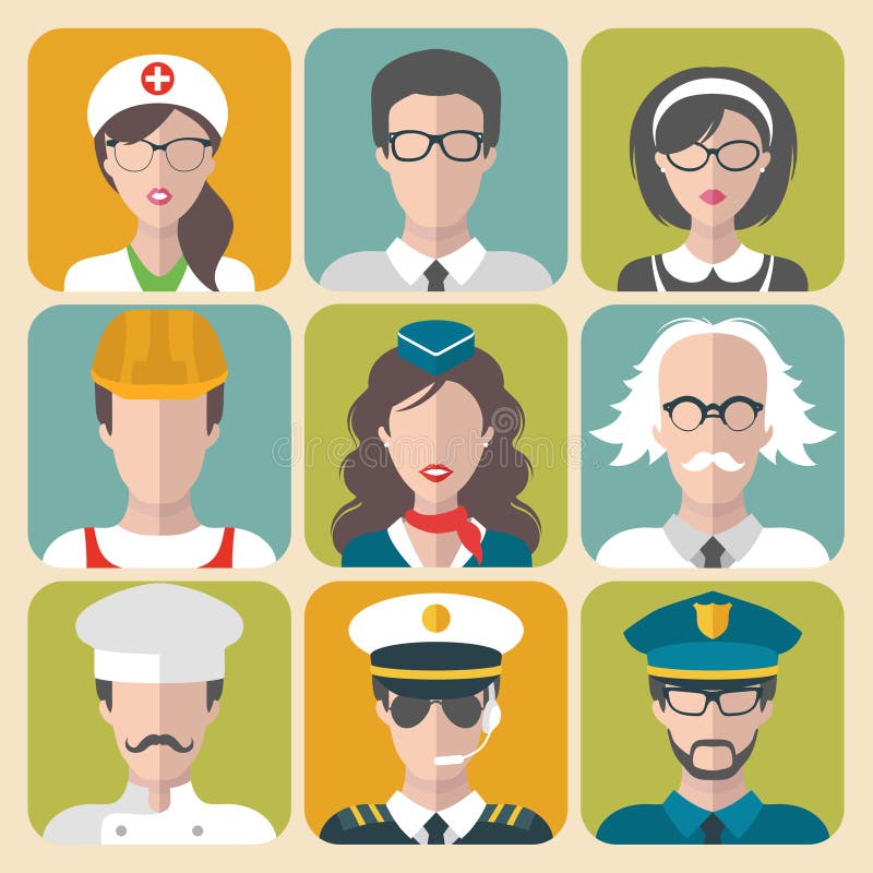 Vector Set of Different Professions Man and Woman Icons in Trendy Flat ...