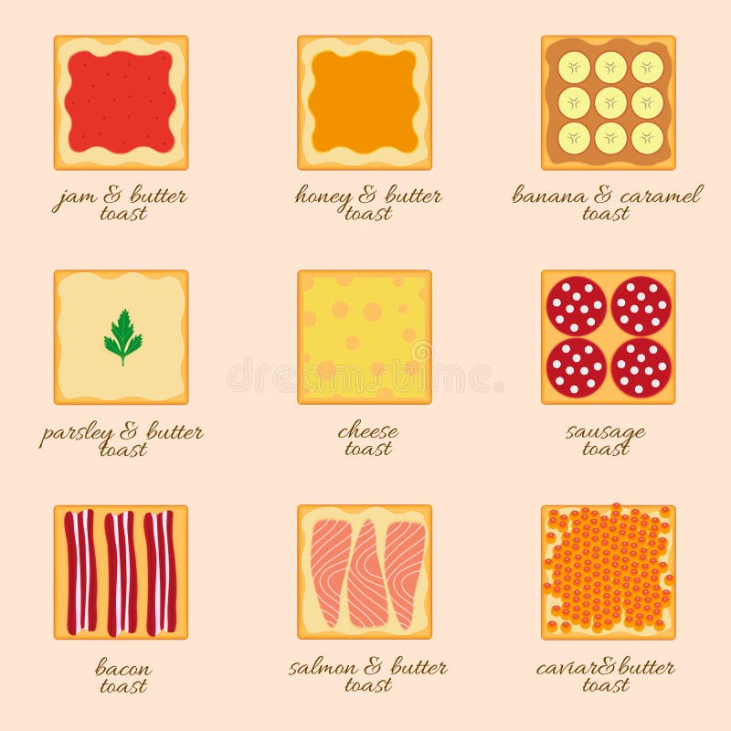Vector Set of Different Types of Toast Stock Vector - Illustration of ...