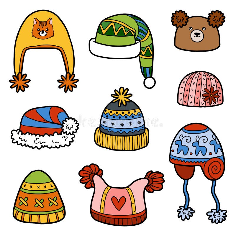Vector Set of Different Winter Hats with Animals and Geometric Pattern ...