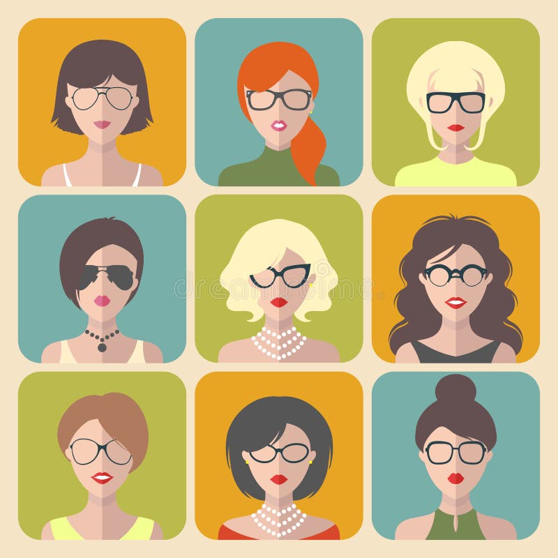 Vector Set Of Different Women App Icons In Glasses In Flat Style. Stock ...