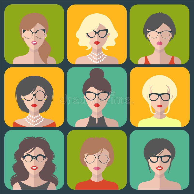Vector Set of Different Women App Icons in Glasses in Flat Style. Stock ...