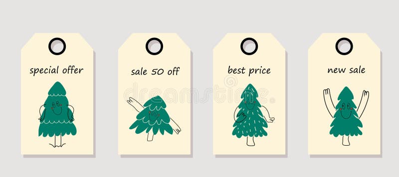 Vector Set of Discount Price Tags. Labels with Christmas Tree with Face ...