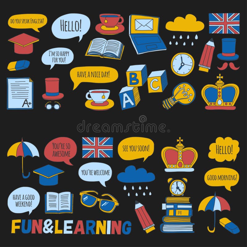 English Courses. Doodle Vector Concept Illustration of Learning English ...