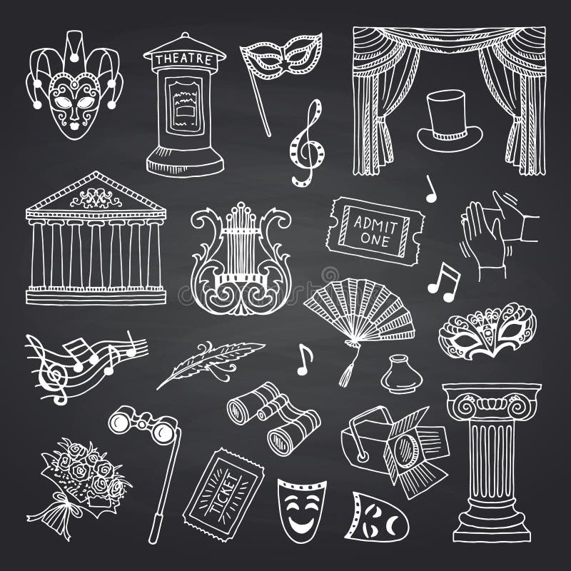Vector Set of Doodle Theatre Elements on Black Chalkboard Illustration ...