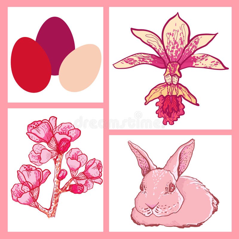 Vector Set of Easter Rabbit, Eggs, Spring Flowers Stock Vector ...