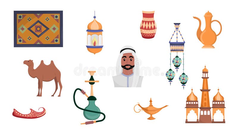 Vector Set of 11 Eastern Islamic Cultural Items. Traditional Arabic ...