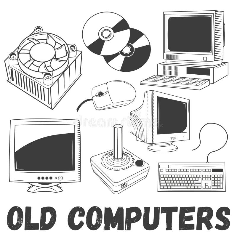 Vector Set of Electronic Products and Old Computers Objects in Vintage ...