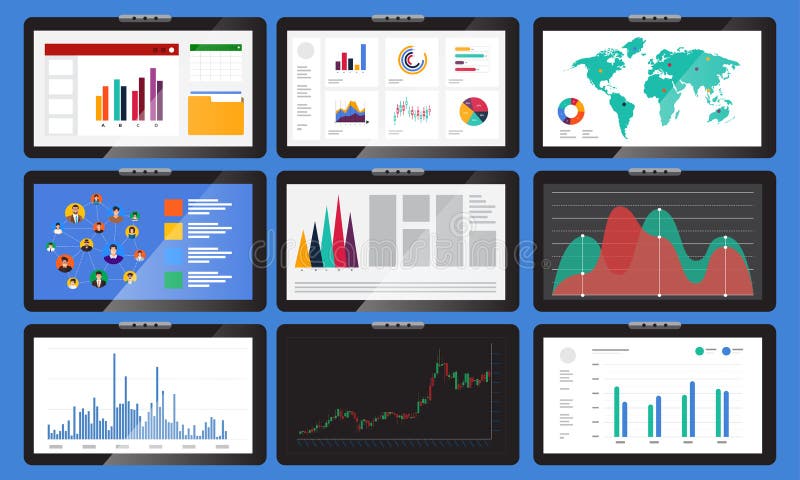 Various Monitors Display Graphs and Charts. in Business Analysis Stock ...