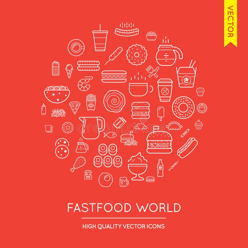 Vector Set of Fast Food Modern Flat Thin Icons Inscribed in Round Shape ...