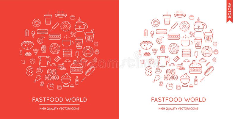 Vector Set of Fast Food Modern Flat Thin Icons Inscribed in Round Shape ...