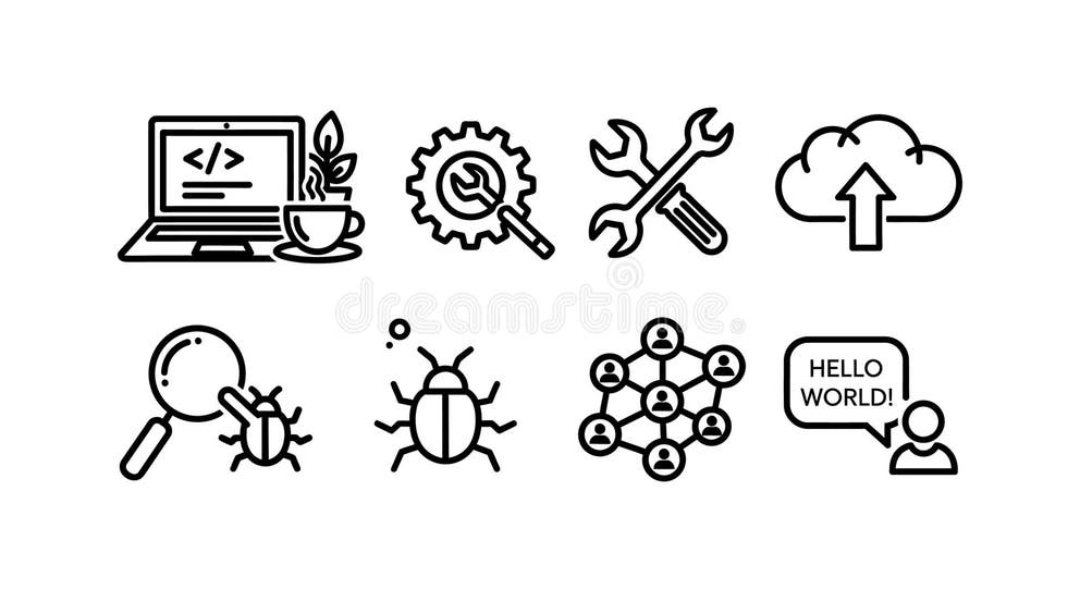 Computer Programming Icons with Bug, Tools, Cloud Upload, and Coding Symbols for Software ...