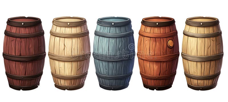 Collection of Colored Wooden Barrels on White Background Stock ...