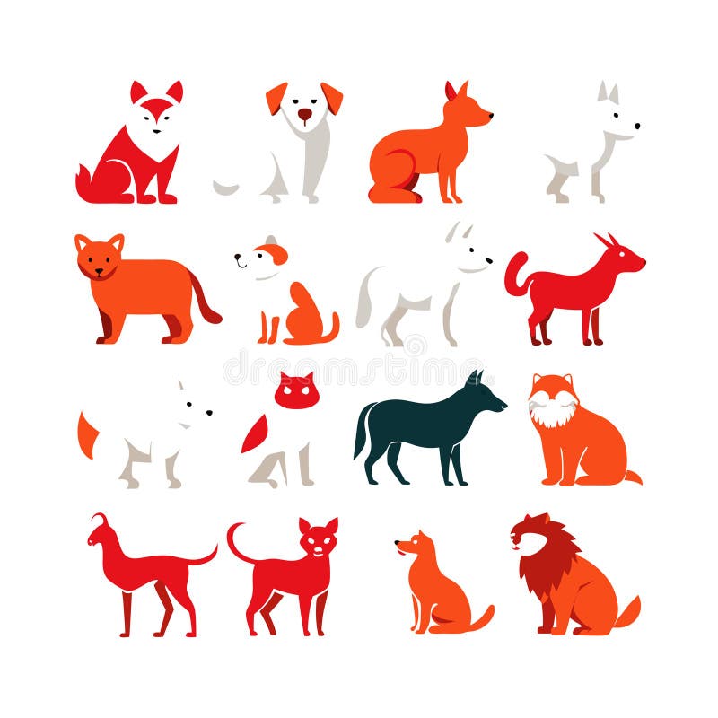 Collection of Stylized Animal Icons: Dogs, Cats, Fox, Lion in Flat Design Stock Vector ...