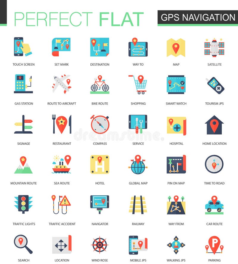 Vector Gps Location Navigation Black Mini Concept Icons and Infographic Symbols Set. Stock ...