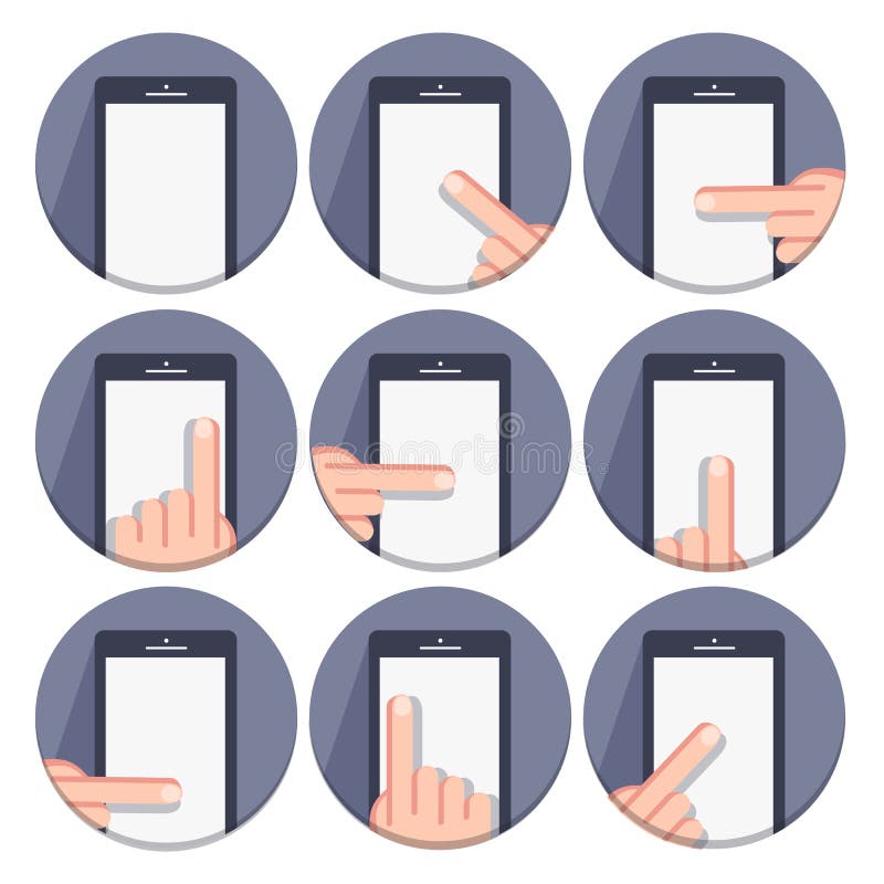 Vector Flat Round Icons with a Finger and a Mobile Device with Gestures Stock Vector ...