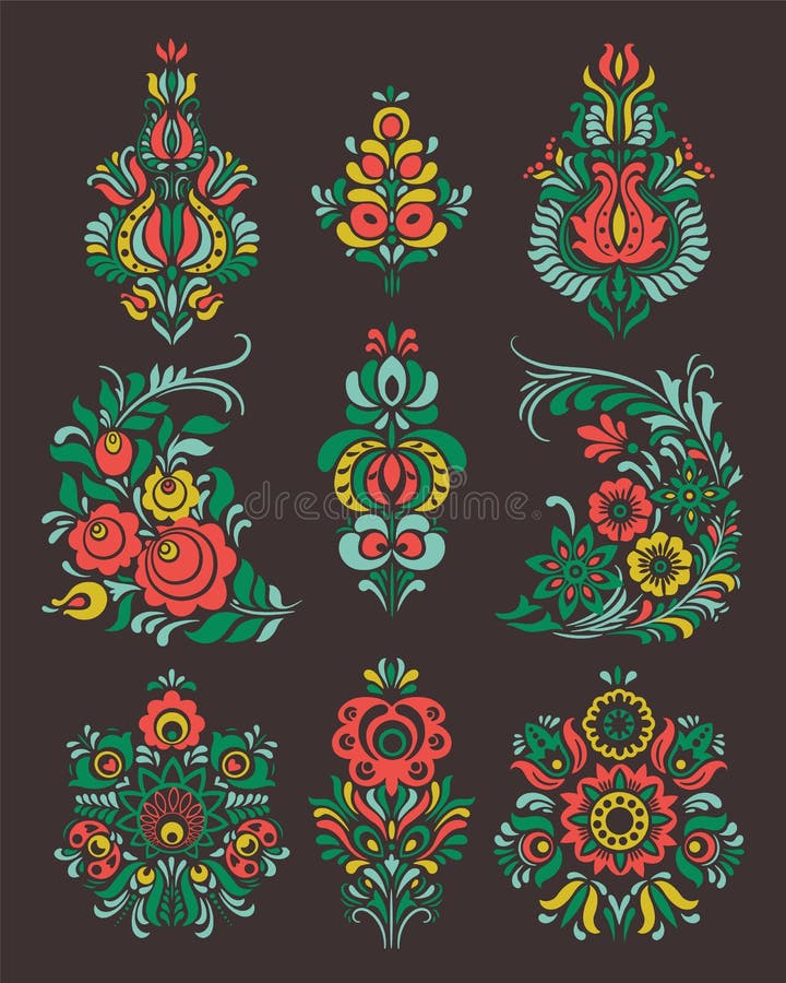 Vector Set of Flowers and Floral Composition in Russian Style Stock ...