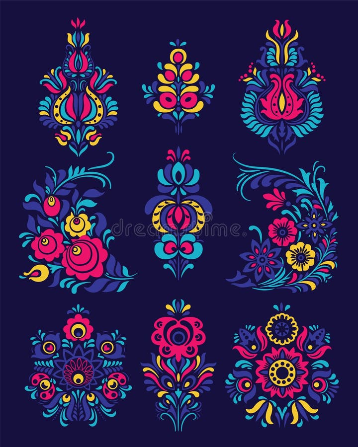 Vector Set of Flowers and Floral Composition in Russian Style Stock ...