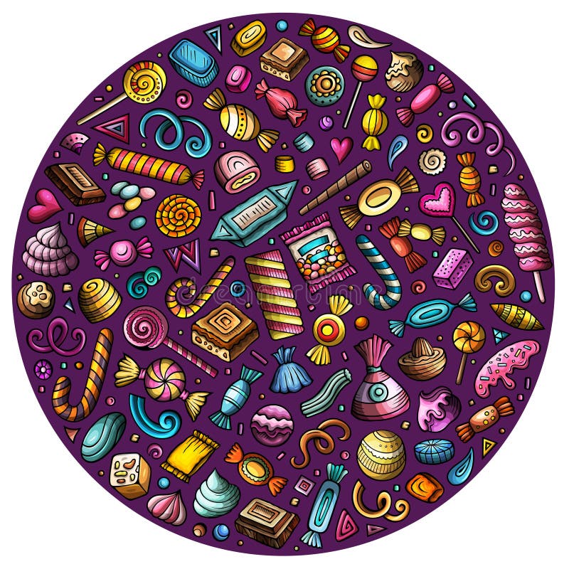 Vector Set of Funny Doodle Cartoon Candies. Round Composition Stock ...