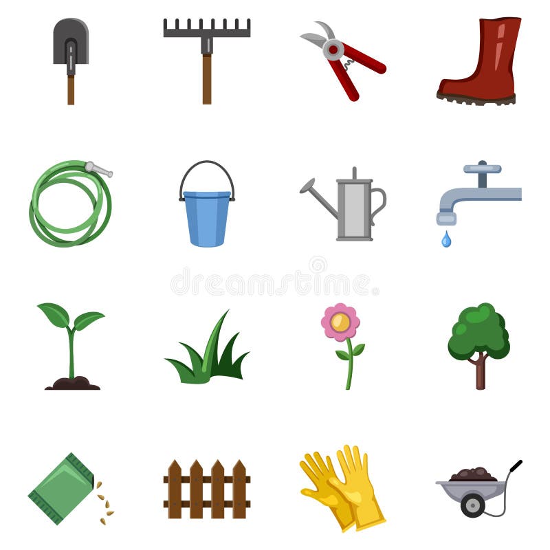 Vector Set of Garden Icons. Gardening Tools and Plants Stock Vector ...