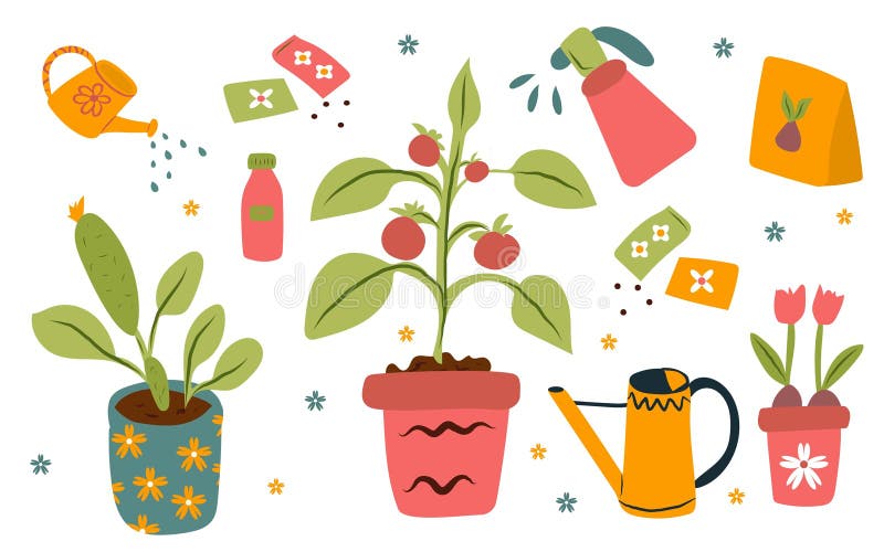 Vector Set of Garden Pots and Potted Plants. Bunch of House Plants and Replanting. Large Set of ...