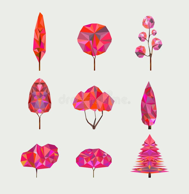 Vector Set of Geometric Autumn Trees on Light Background. Low Poly ...