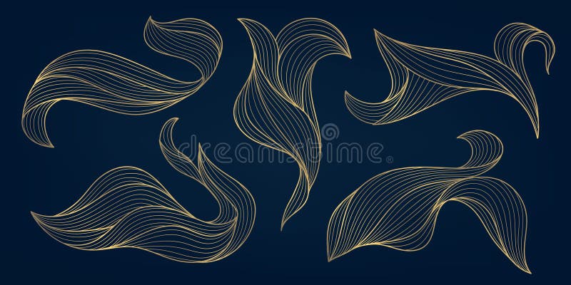 Vector Set of Gold Line Wave Shapes, Curve Flow, Cloud Illustrations ...