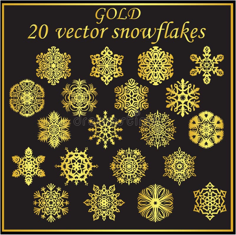 Vector Set Gold Snowflakes on Black Background Stock Illustration ...