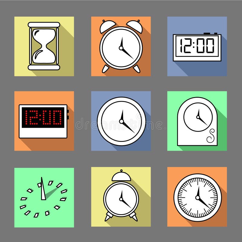 Vector. Set of Graphic Clocks Icons. Sun Clock, Digital Clock, Table ...
