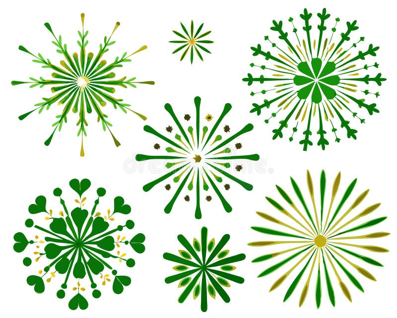 A Vector Set of Green and Gold Fireworks Bursting in Different Shapes ...