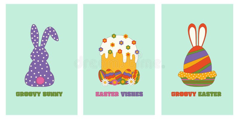 Vector Set of Groovy Easter Greeting Cards Set. Spring Backgrounds in ...