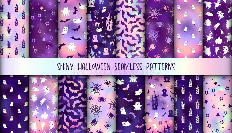 Vector Set of Halloween Seamless Patterns Set. Cute Holographic ...
