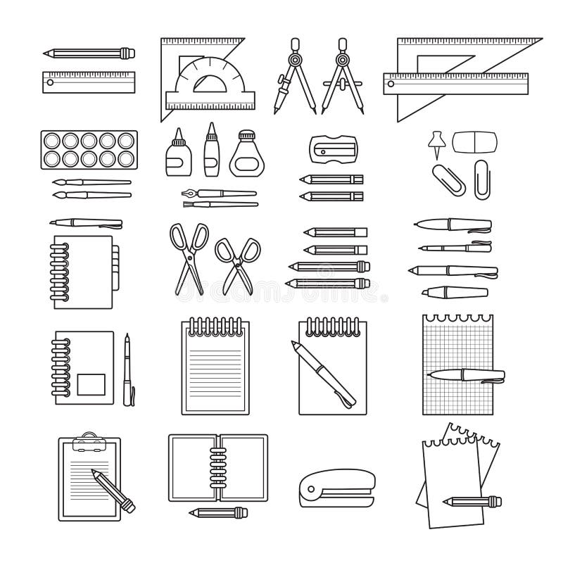 Vector Set of Hand Drawn Black Line Stationery Icon. Stock Vector ...
