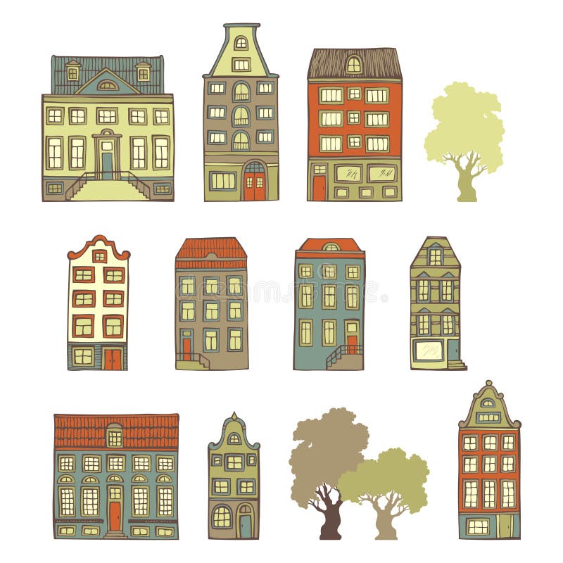 Vector Set of Hand-drawn Buildings. Stock Vector - Illustration of home ...