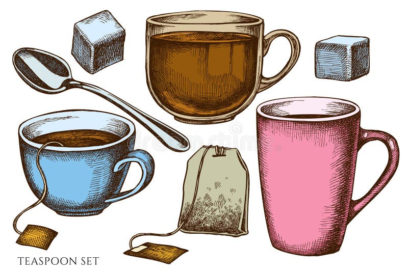 Vector Set of Hand Drawn Colored Teaspoon, Tea Bag, Sugar Cubes, Tea ...