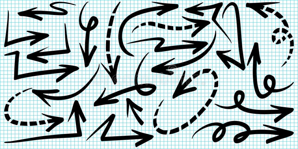 Vector Set of Hand-drawn Doodle Arrows in Various Styles on a Blue Grid ...