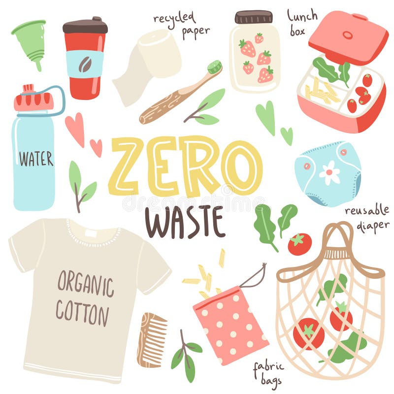 Vector Set with Hand Drawn Elements of Zero Waste Life. No Plastic ...