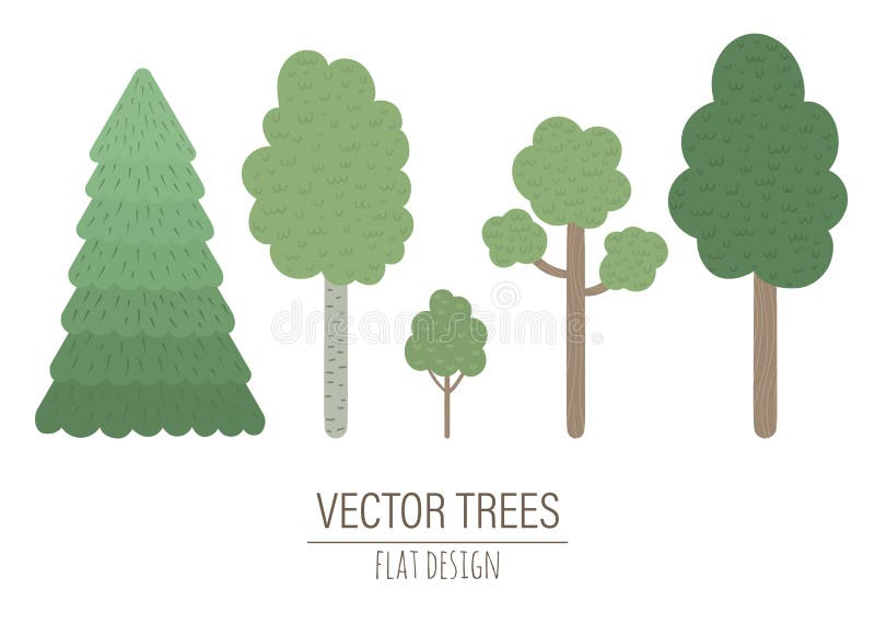 Vector Set of Hand Drawn Flat Trees Isolated on White Background. Stock ...