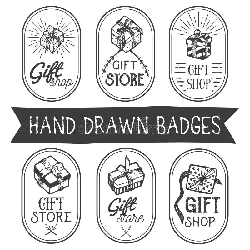 Vector Set of Hand Drawn Gift Shop Labels in Vintage Style. Stock ...