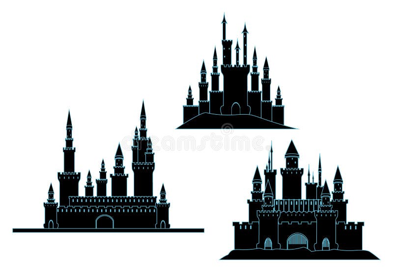 Vector Set with Hand Drawn Gothic Castles, Blue and Black Colors Stock ...
