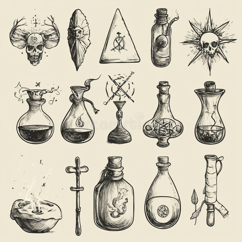 Vector Set of Hand Drawn Magic Objects. Witchcraft, Alchemy, Occultism ...